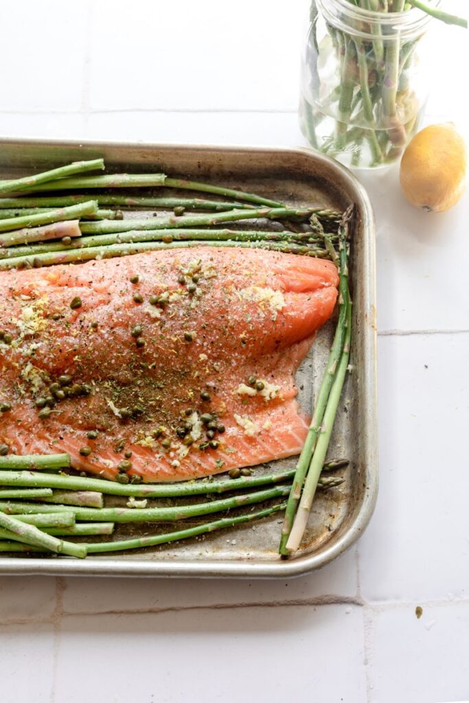 Zesty Tray Bake Salmon and Asparagus - White Kitchen Red Wine