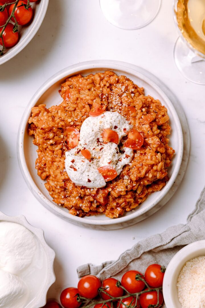 Spicy Roasted Tomato and Burrata Risotto - Elevated Side Dish!
